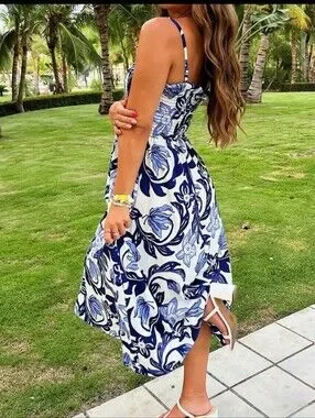 H&M | Dresses | Hm White And Blue Floral Smocked Midi Dress Nwot | Poshmark